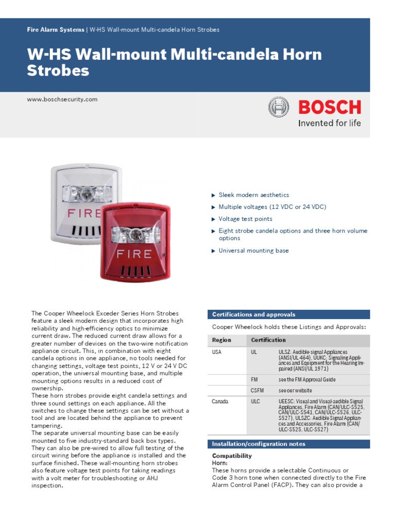 Fire Alarm Systems - W HS Wall Mount Multi Candela Horn Strobes | PDF ...