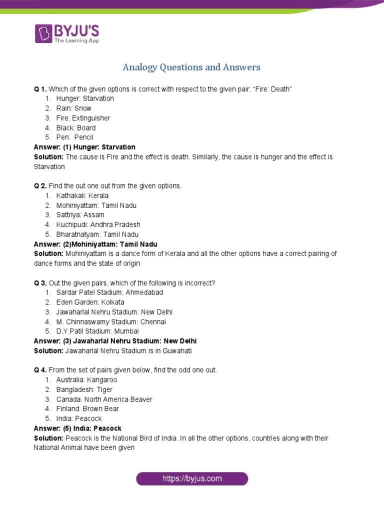 Analogy Questions Analogy Verbal Reasoning Questions And Answers