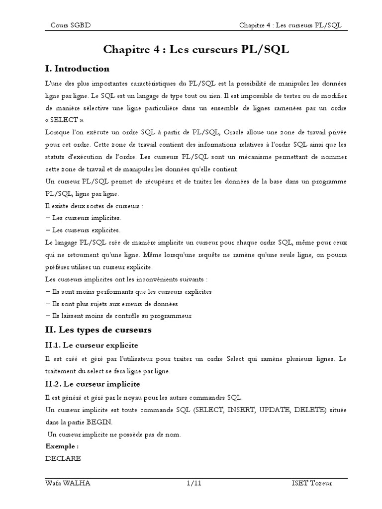 Curseurs PL/SQL : Types et Utilisation | PDF | SQL | PL/SQL