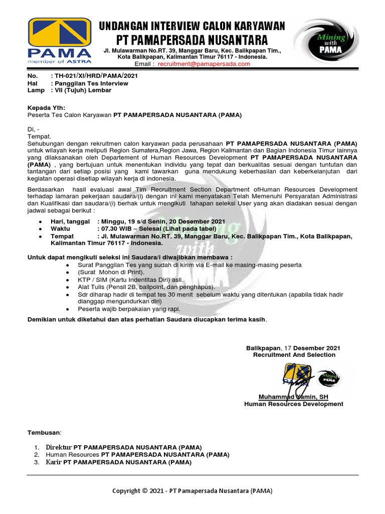 Undangan Interview PT Pamapersada Nusantara (PAMA) - Balikpapan | PDF