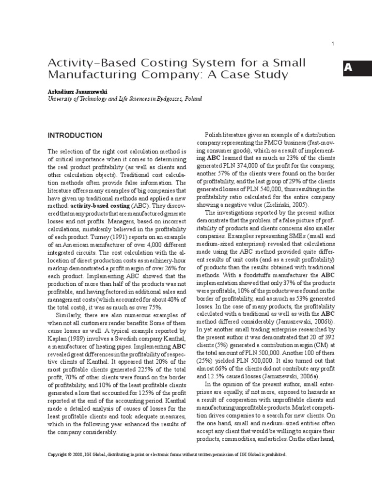 Activity-Based Costing System For A Small Manufacturing Company: A Case ...