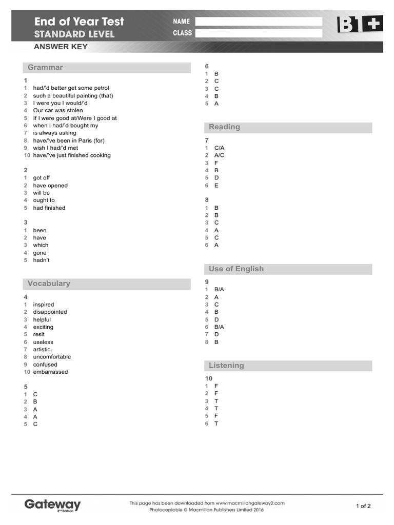 B1PLUS End of Year Test Answer Key Standard | PDF