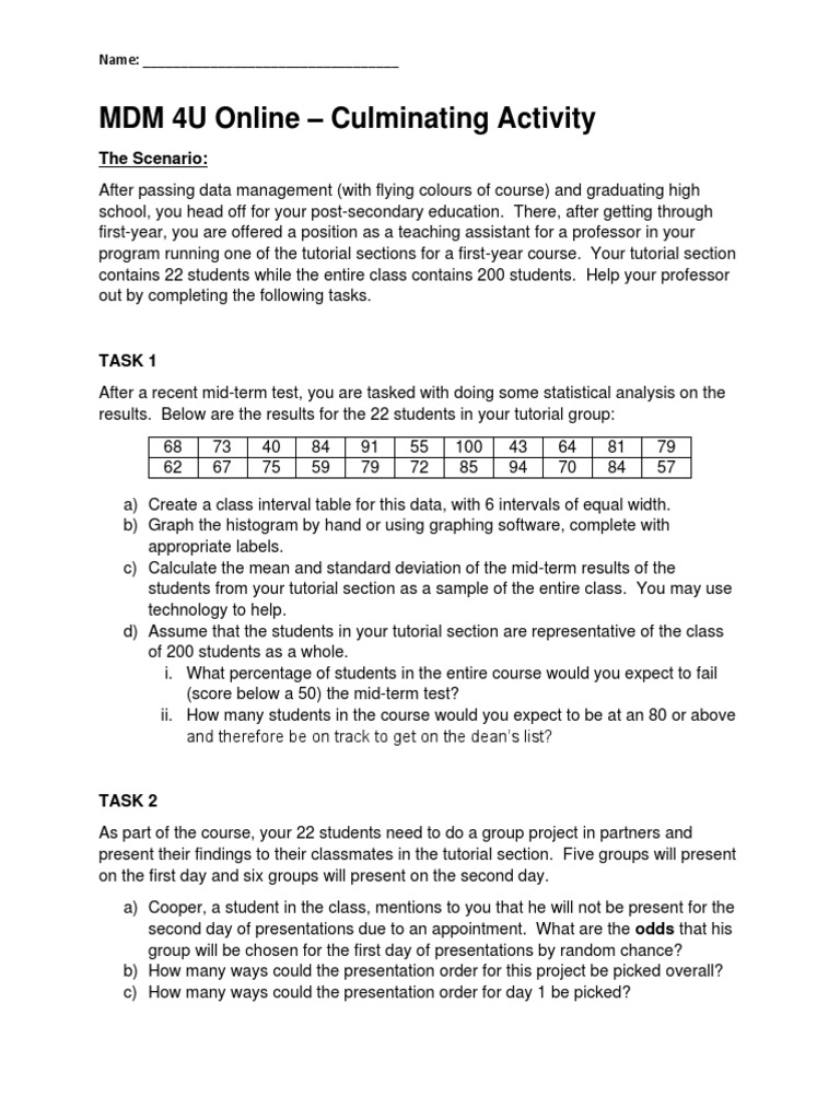MDM4U Online Culminating Activity | PDF | Statistics | Statistical Analysis