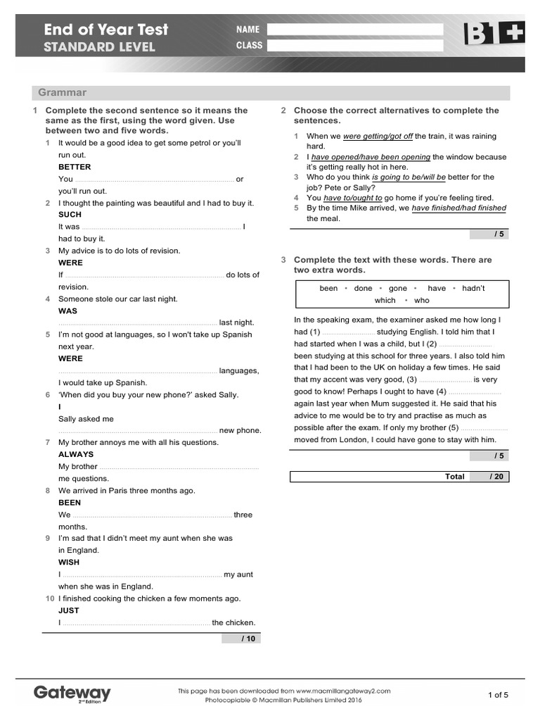 Gateway B1+ End of Year Test Prep | PDF | Language Arts & Discipline