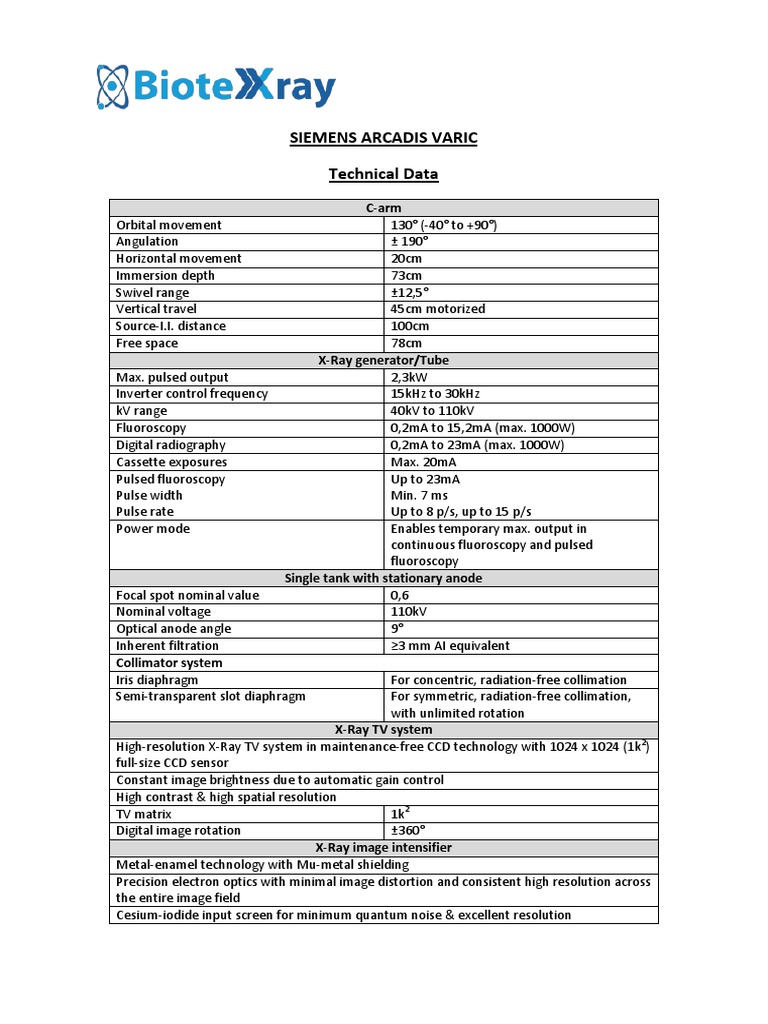 Siemens Arcadis Varic Technical Data: C-Arm | PDF | Imaging ...