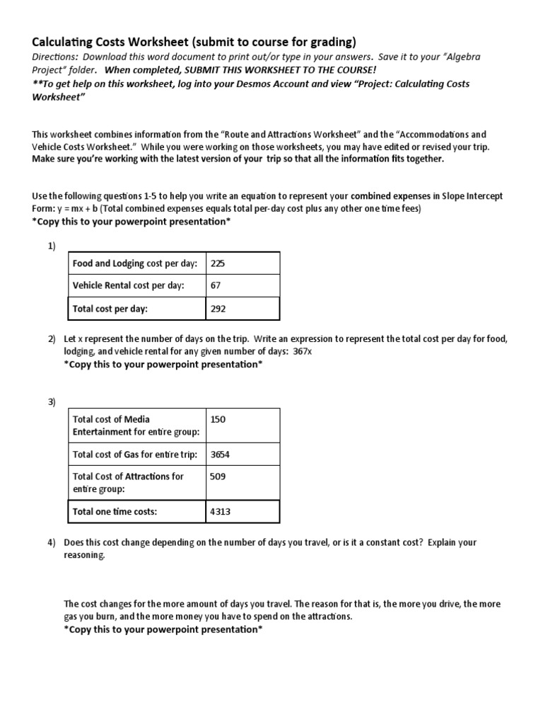 Calculating Costs Worksheet (LM) | PDF | Worksheet | Mathematics