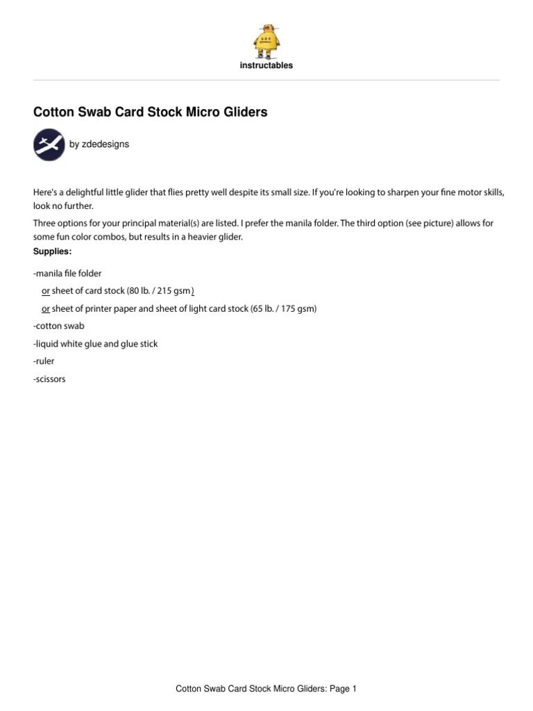 Cotton Swab Card Stock Micro Gliders | PDF | Glider (Sailplane) | Empennage