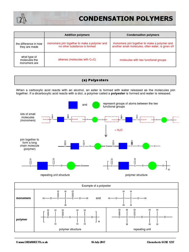 Chemsheets GCSE 1237 Condensation Polymers ANS Mn74 | PDF | Polymers ...