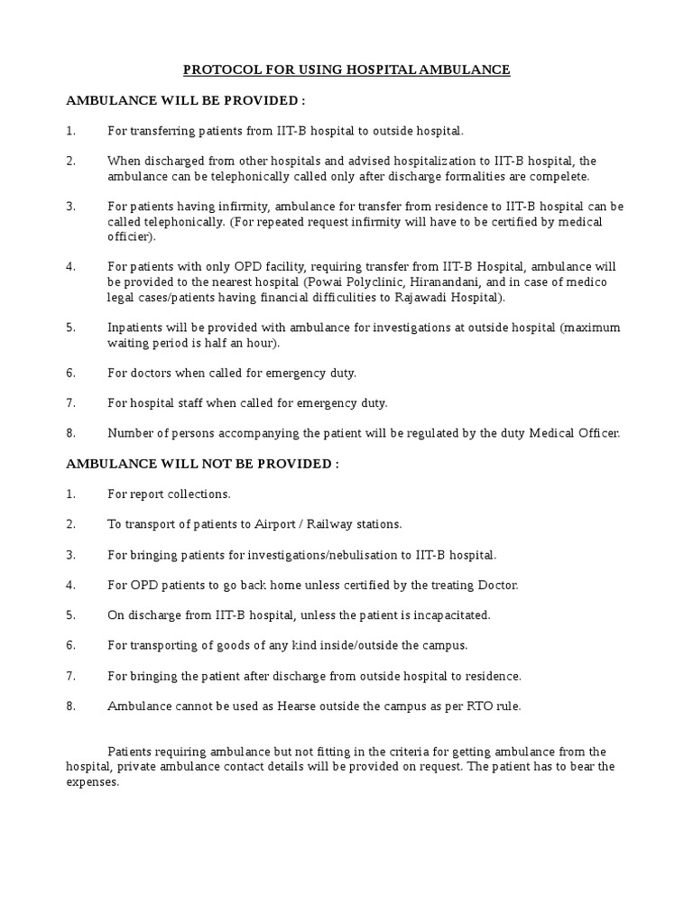 IIT Hospital Ambulance Protocol | PDF