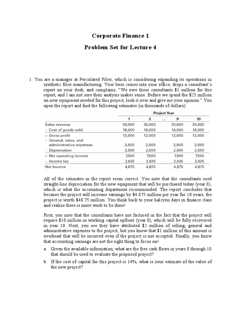 Corporate Finance 1 Problem Set For Lecture 4 | PDF | Depreciation | Business