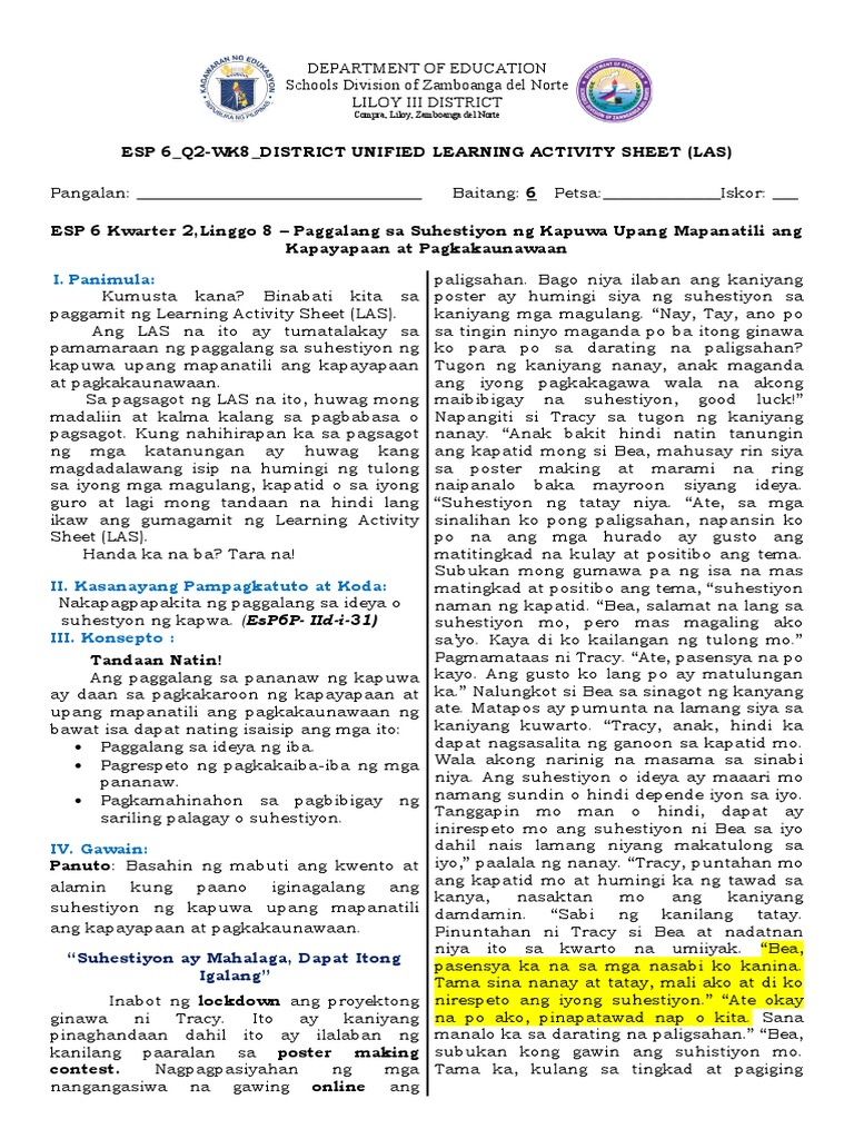 For Printing - ESP 6 Q2 WK 8 DISTRICTUNIFIED LAS | PDF