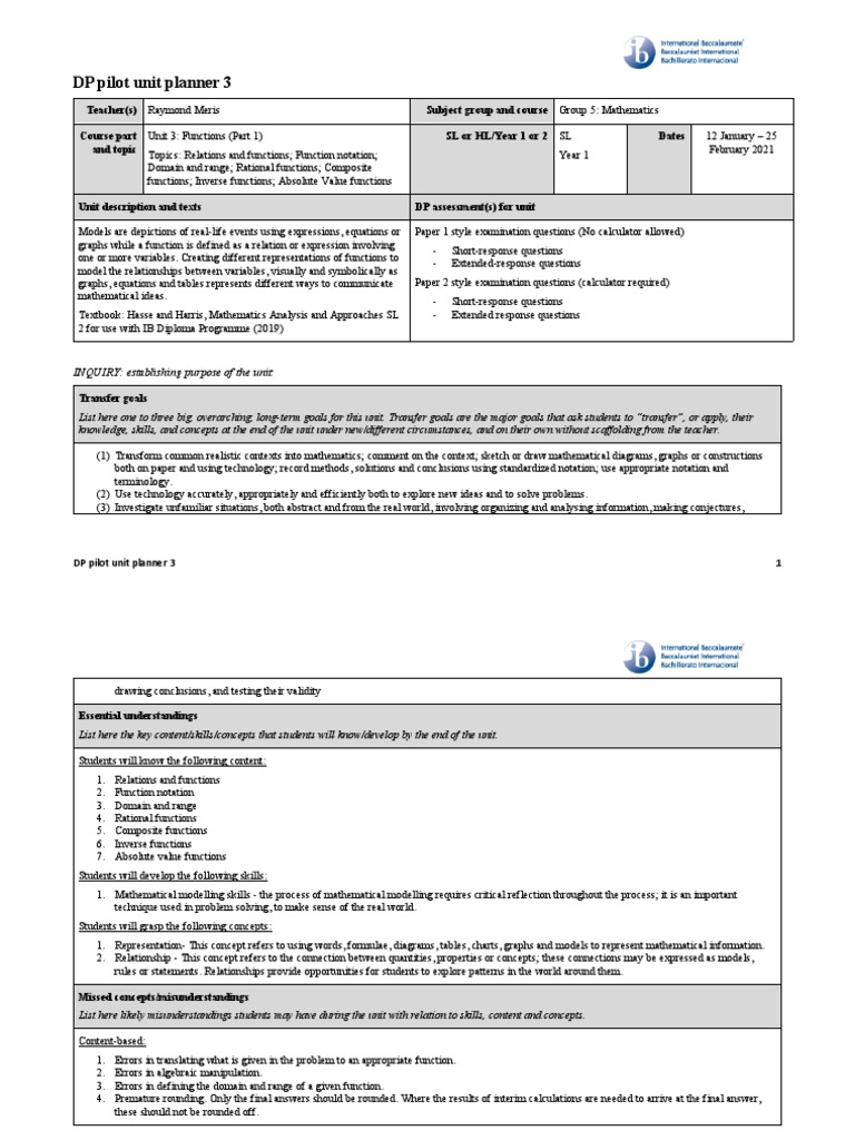 Functions Unit Planner for SL Maths | PDF | Function (Mathematics ...