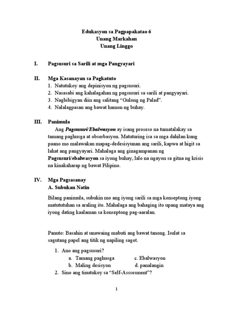 Esp 6 Worksheets Week 1 | PDF
