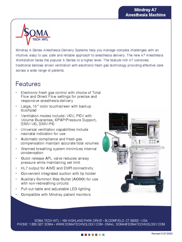 Features: Mindray A7 Anesthesia Machine | PDF | Breathing | Anesthesia