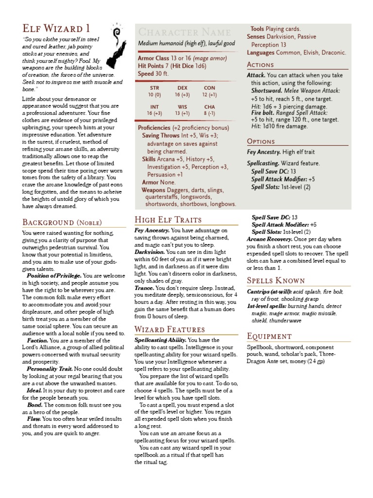 D&D5e - High Elf Wizard | PDF