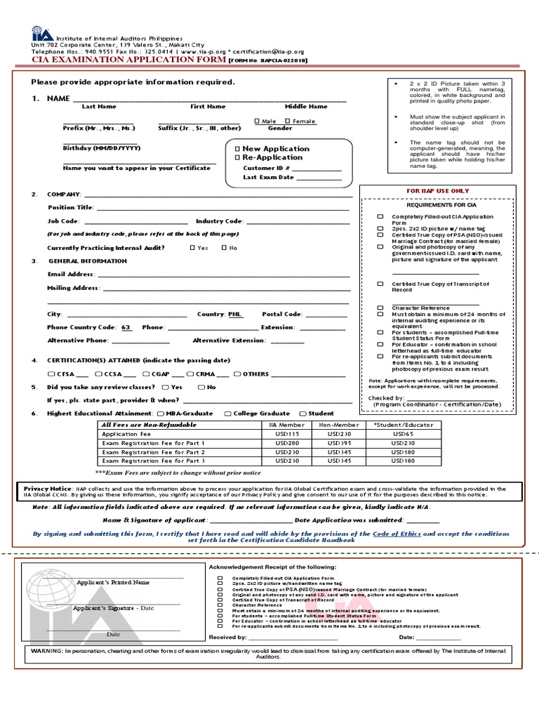 CIA Application Form No. IIAPCIA 022018 | Download Free PDF | Internal ...