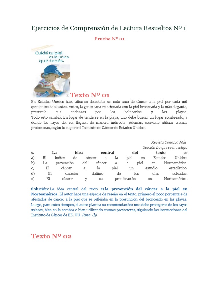Ejercicios de Comprensión de Lectura Resueltos #1 | PDF | Prueba ...