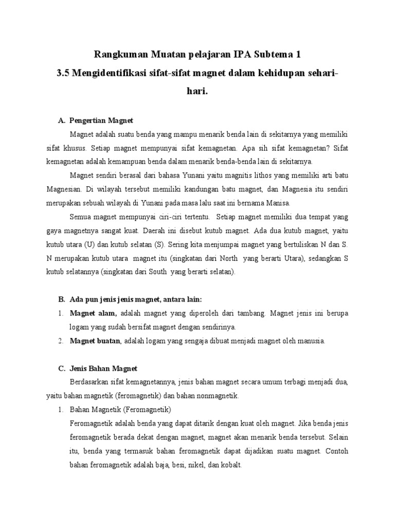 Rangkuman Muatan Pelajaran IPA Tema 5 Subtema 1 | PDF
