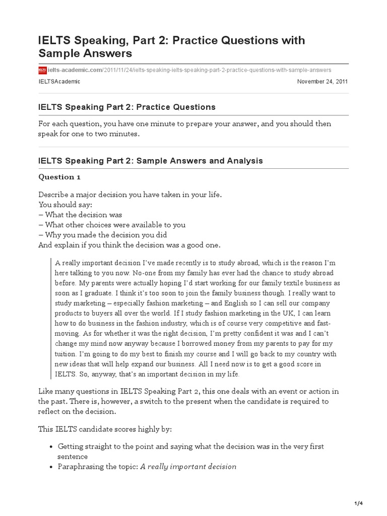 IELTS Speaking Part 2 Practice Questions With Sample Answers | PDF ...