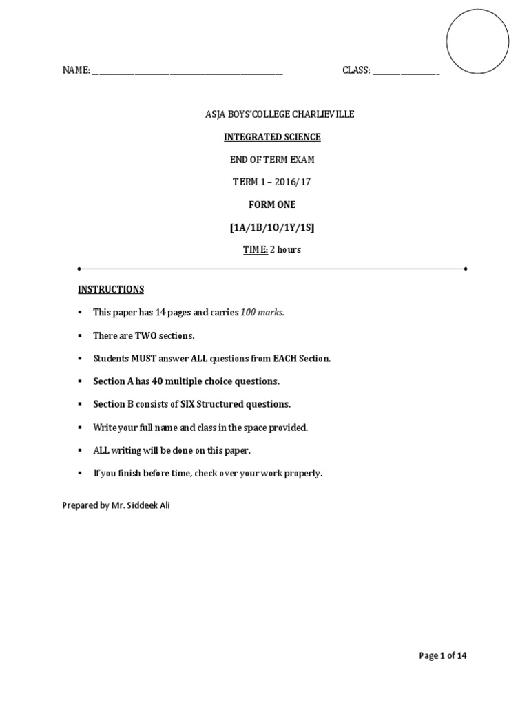 Form 1 Integrated Science Exam Paper | PDF | Matter | Mass
