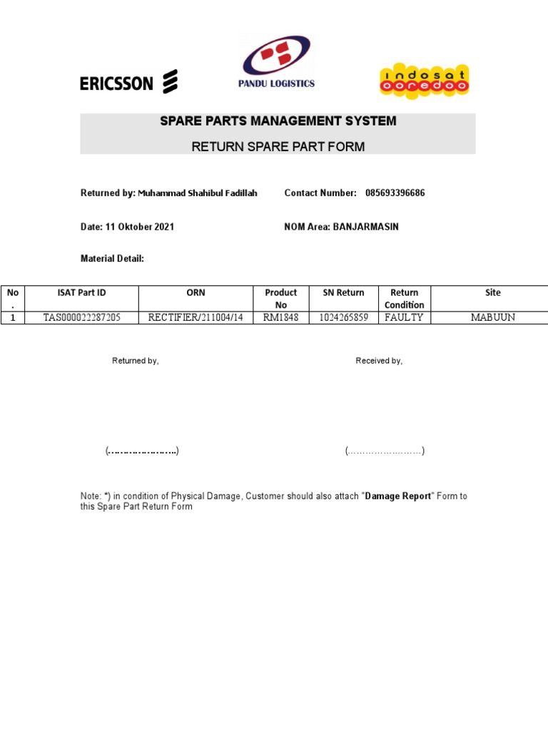 Spare Parts Management System: Return Spare Part Form | PDF