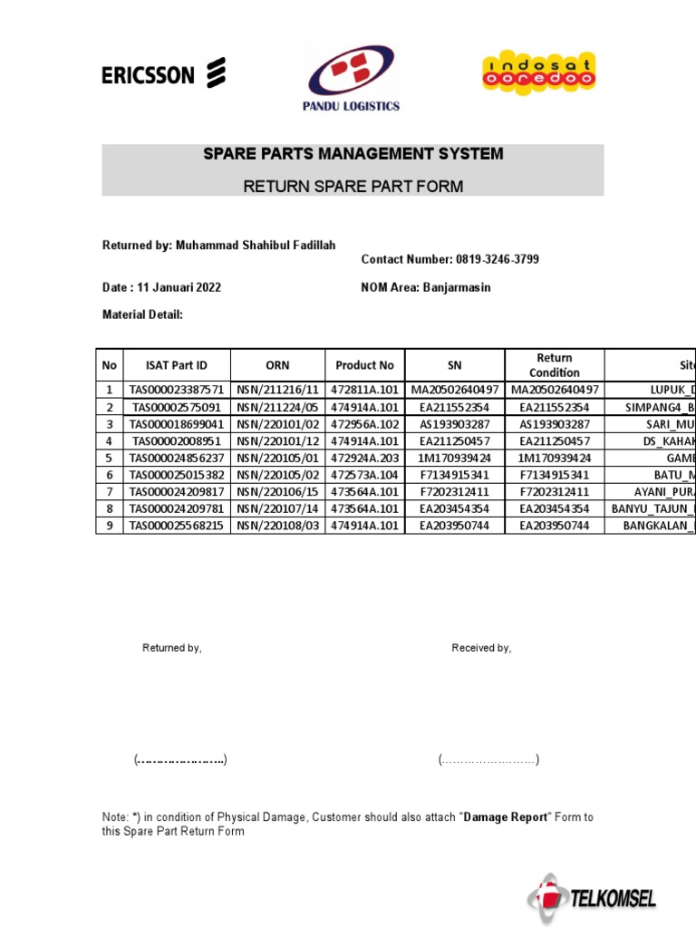 Spare Parts Return Form Details | PDF