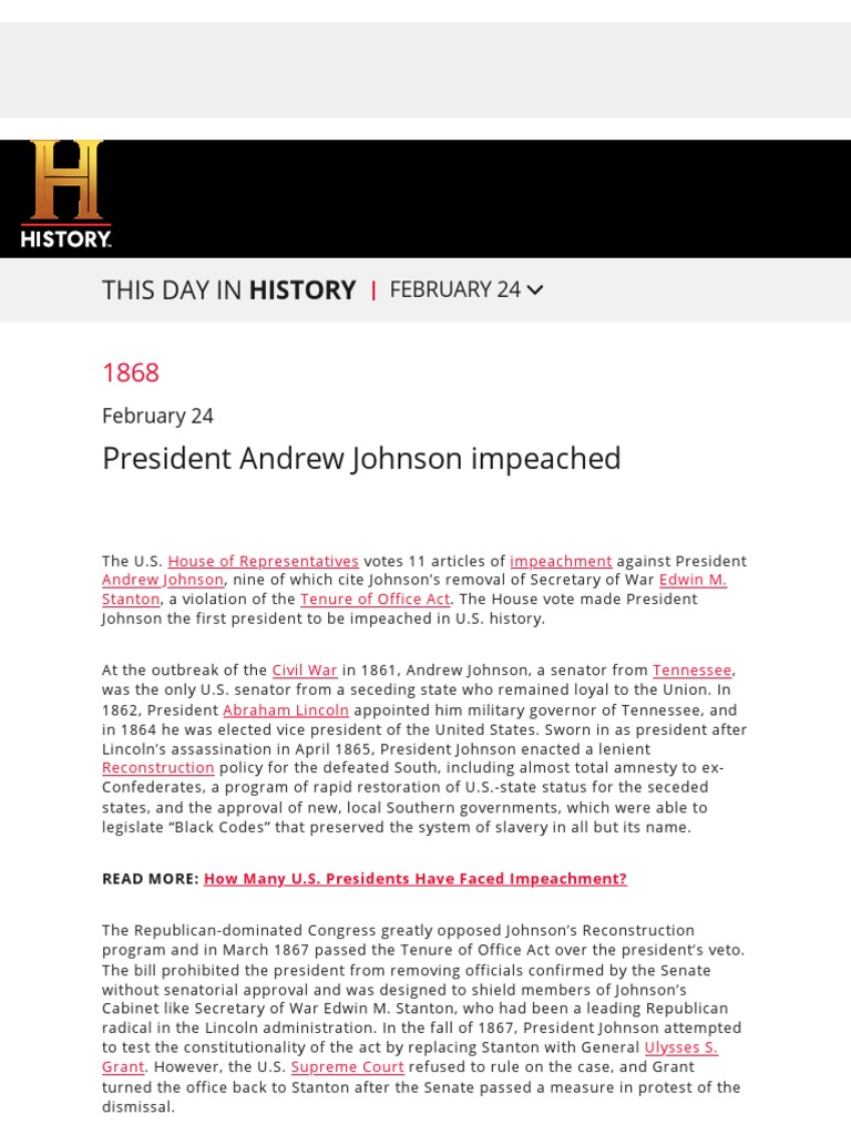 President Andrew Johnson Impeached - HISTORY-2 | PDF | Andrew Johnson ...