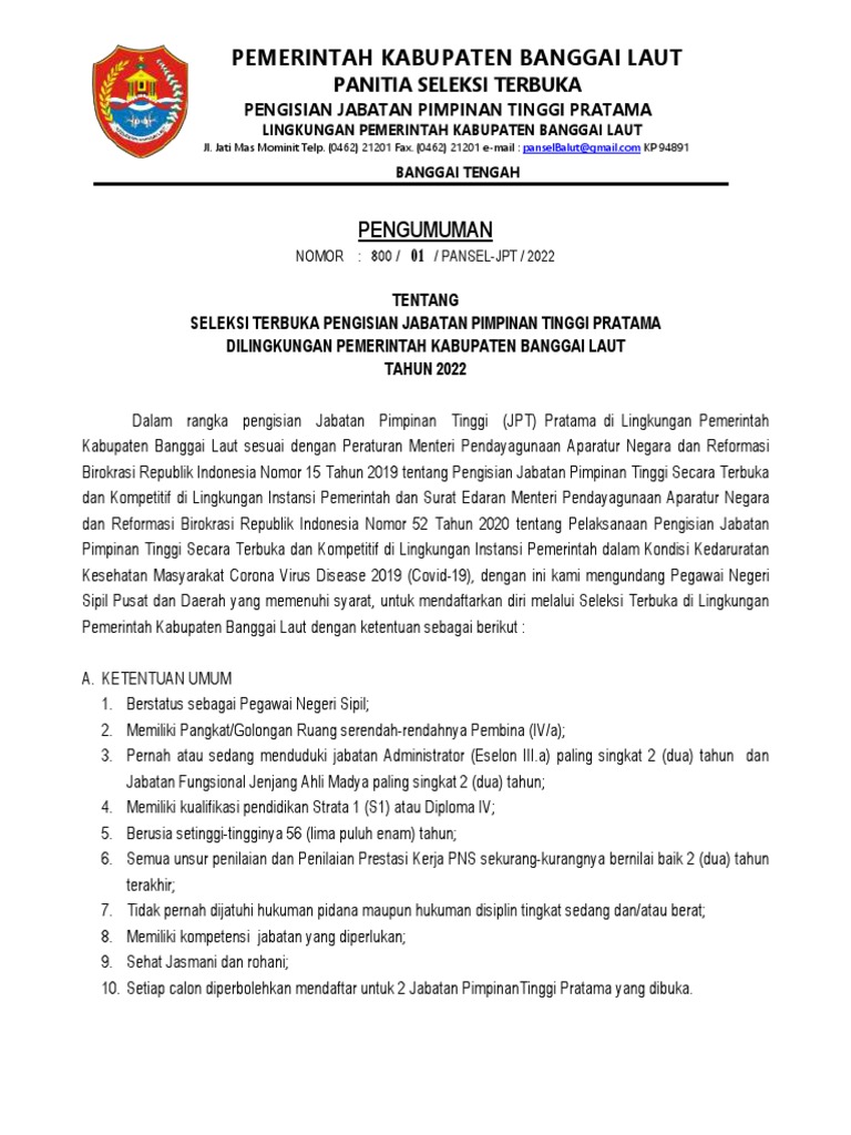 PENGUMUMAN Pansel - JPT Banggai Laut 2022 Final | PDF