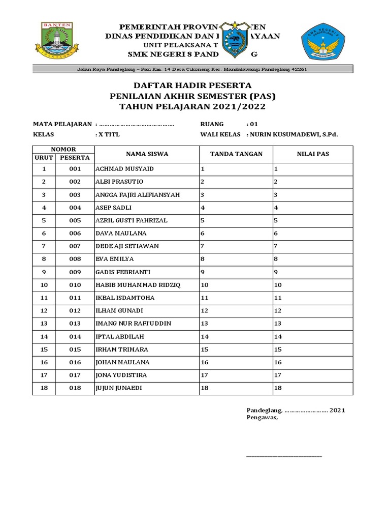 Daftar Hadir & Nilai Peserta | PDF