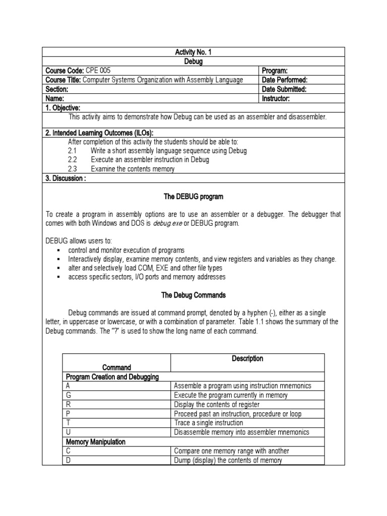 Activity No 1 Debug Download Free Pdf Assembly Language Command