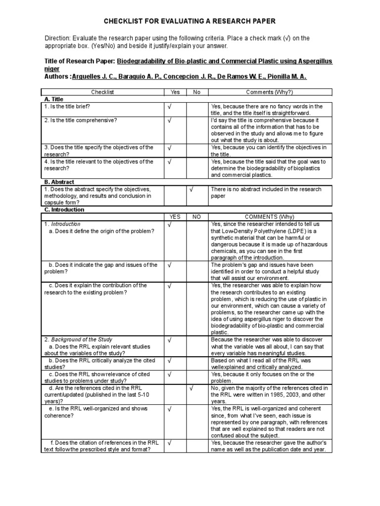 Checklist For Evaluating A Research Paper | PDF | Sampling (Statistics ...