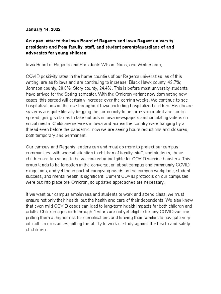 An Open Letter To The Iowa Board of Regents and Iowa Regent University ...
