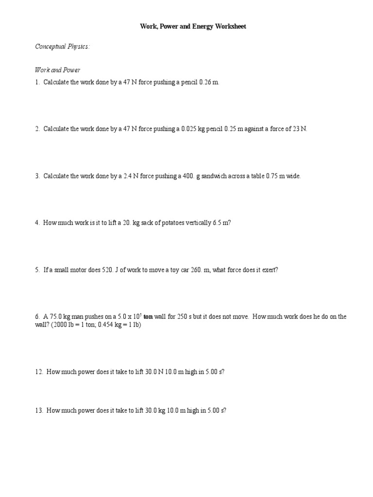 Conceptual Physics:: Work, Power and Energy Worksheet | PDF