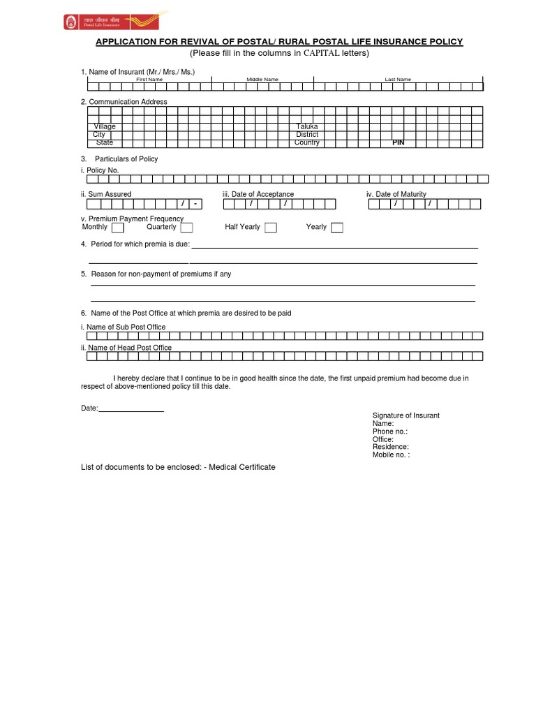 PLI/RPLI Policy Revival Application Form | PDF