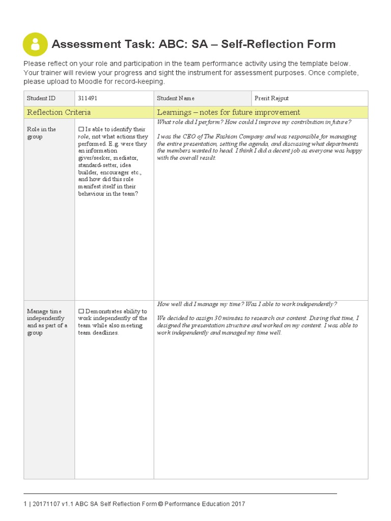 Assessment Task: ABC: SA - Self-Reflection Form: Reflection Criteria ...