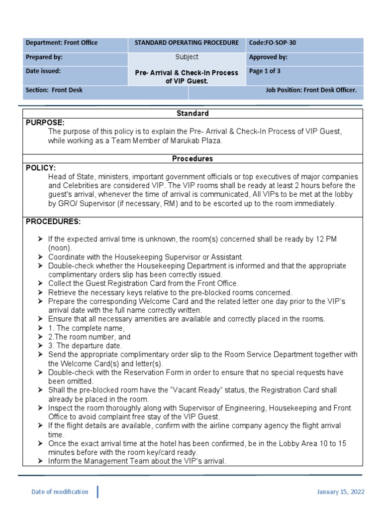 SOP - Pre - Arrival & Check-In of VIP Guest. | PDF