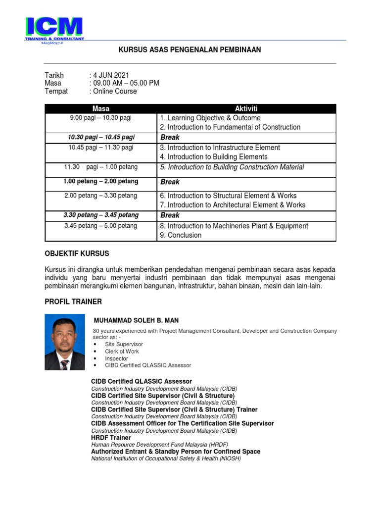 Tentative Programme Online Kursus Asas Pengenalan Pembinaan 4 Jun 2021 ...