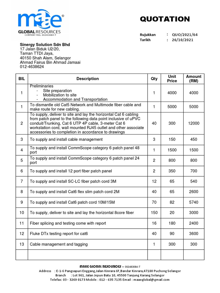 QUOTATION 20265-TLDM Cabling | PDF | Computer Engineering | Equipment
