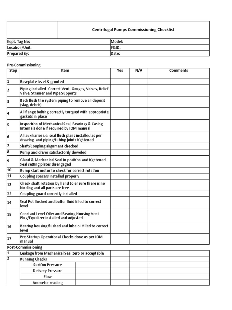 Centrifugal Pump Commissioning Checklist | PDF