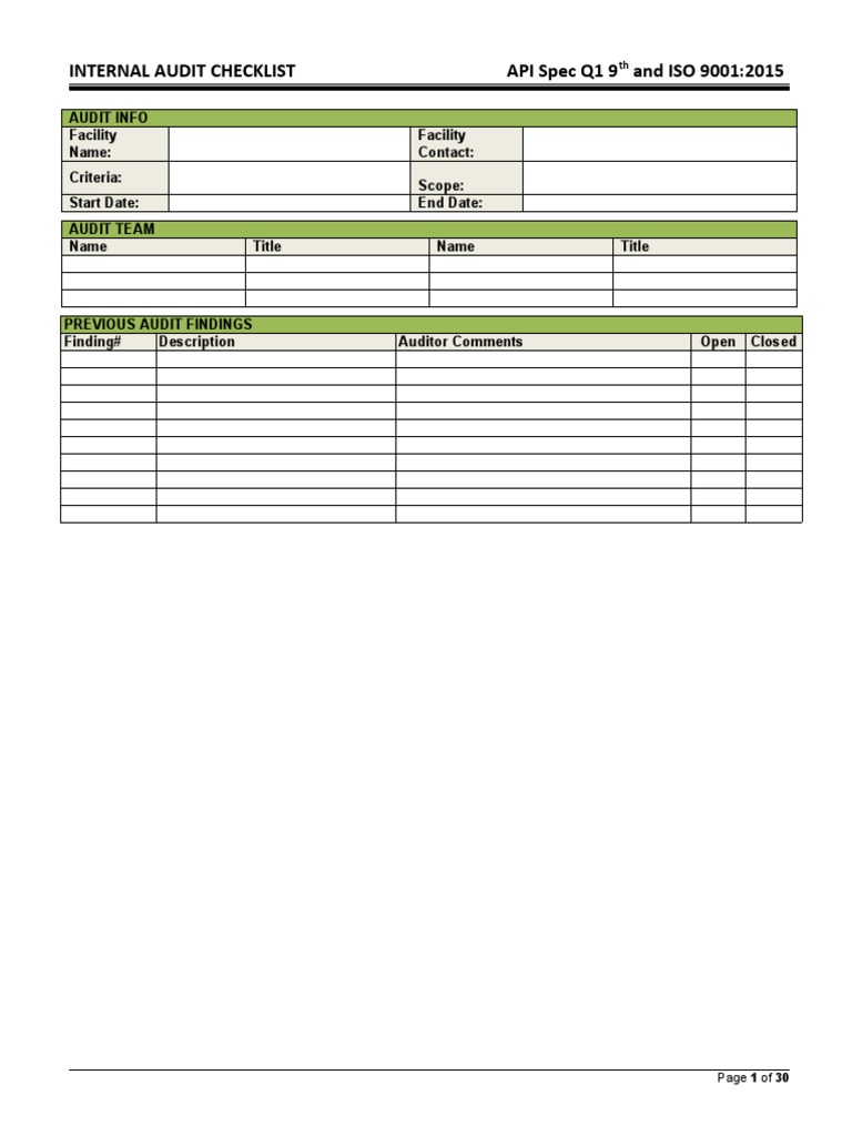 API Q1 & ISO 9001 Internal Audit Checklist | PDF | Audit | Iso 9000