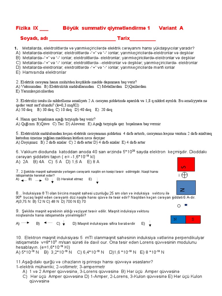 9-Cu Sinif Fizika BSQ-1 | PDF