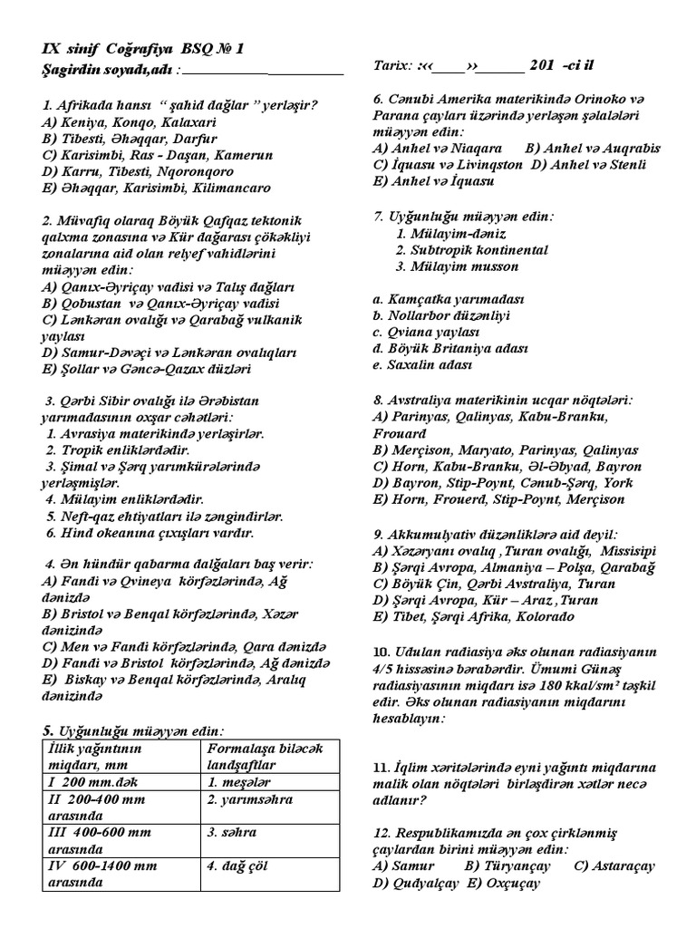 9-Cu Sinif Coğrafiya BSQ-1 | PDF