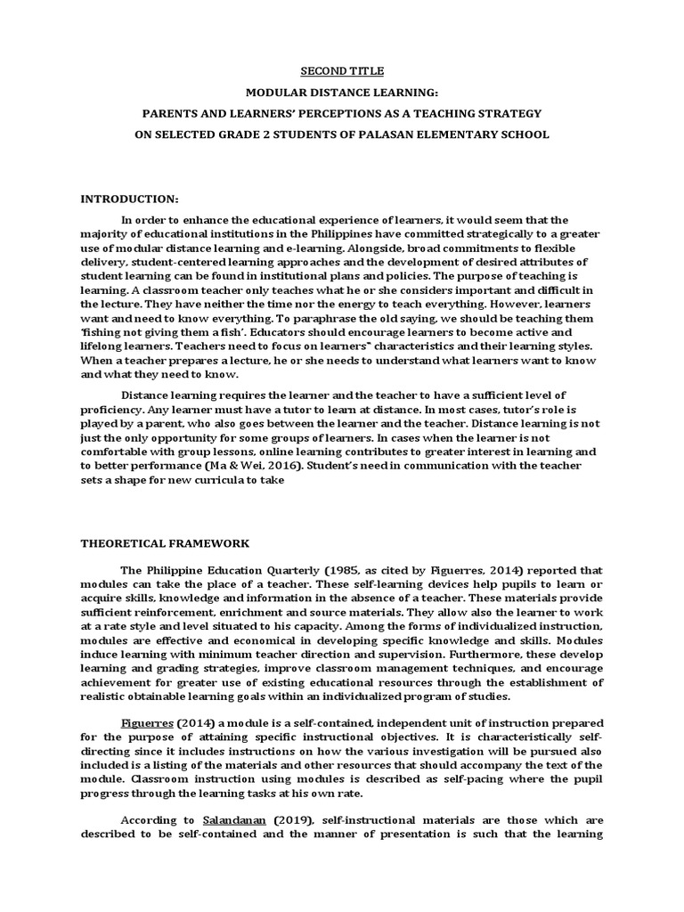 Modular Distance Learning: Parents and Learners' Perceptions As A Teaching Strategy On Selected ...