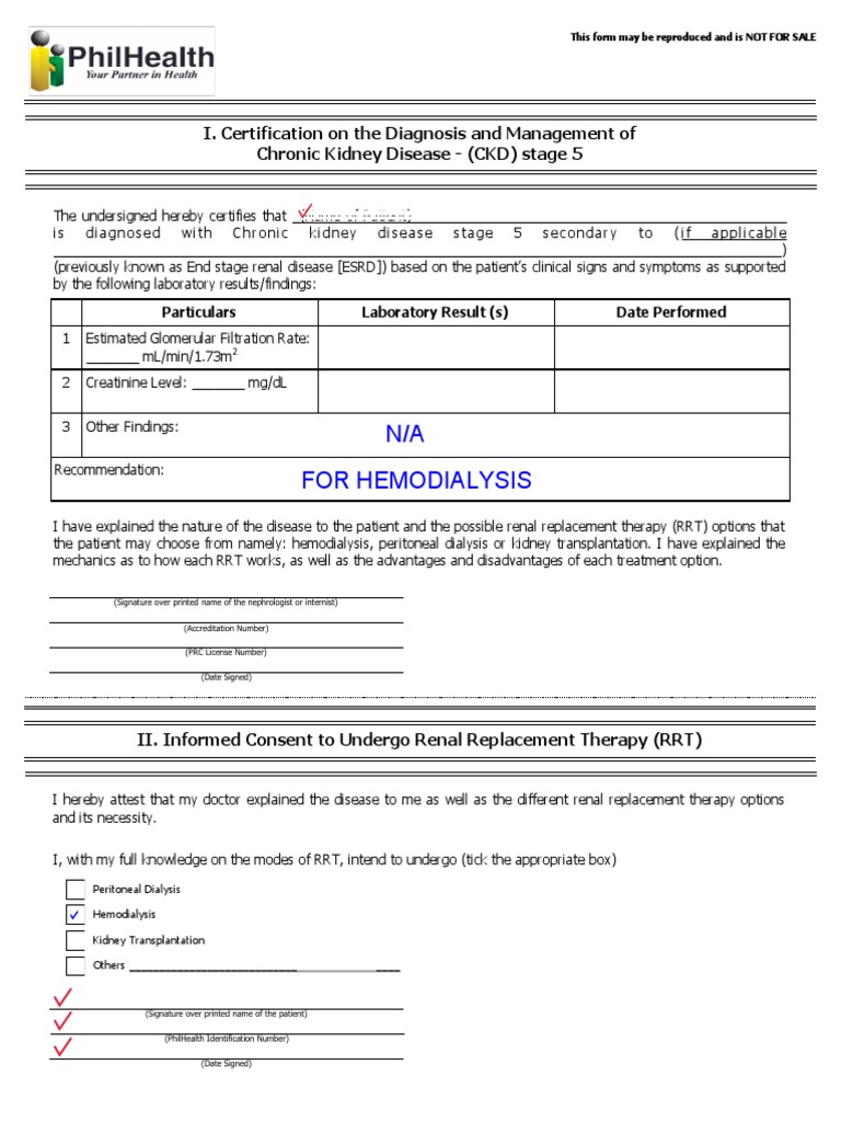 N/A For Hemodialysis: I. Certification On The Diagnosis and Management ...