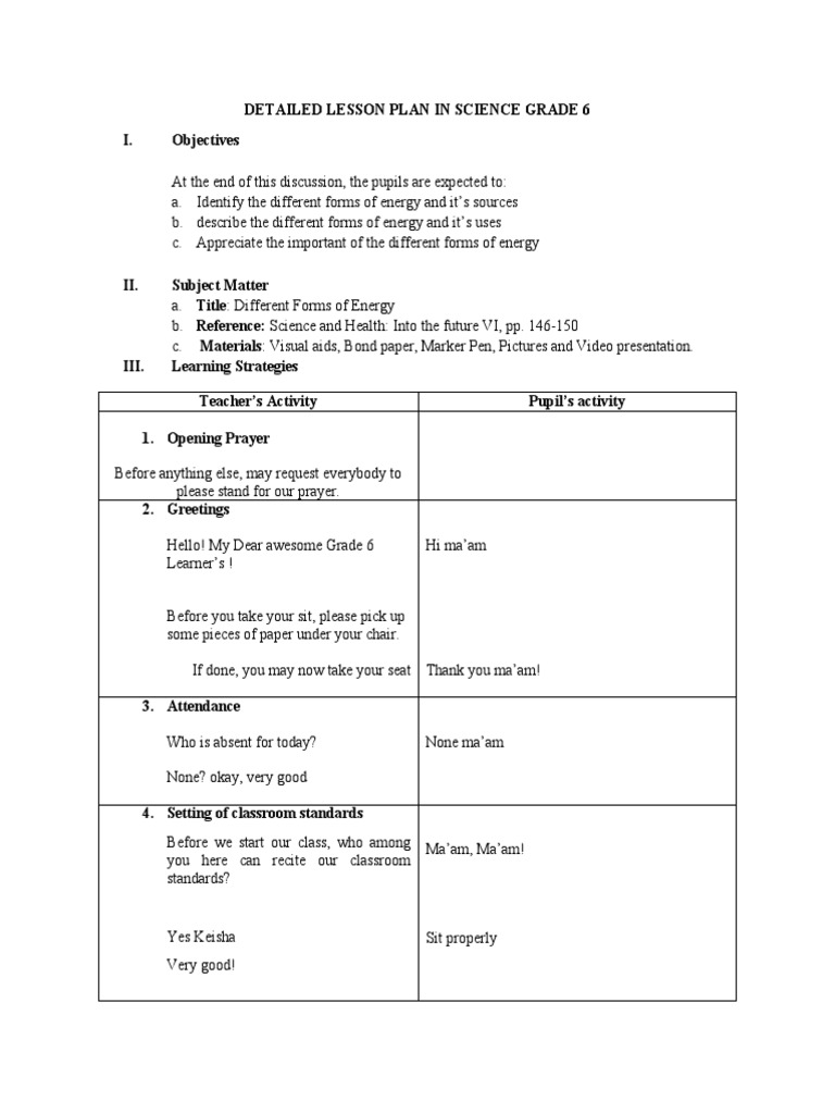 Detailed Lesson Plan in Science Grade 6 I. Objectives | PDF | Physical ...