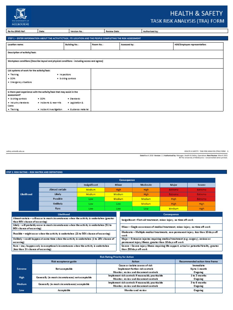 Health & Safety: Task Risk Analysis (Tra) Form | Download Free PDF ...