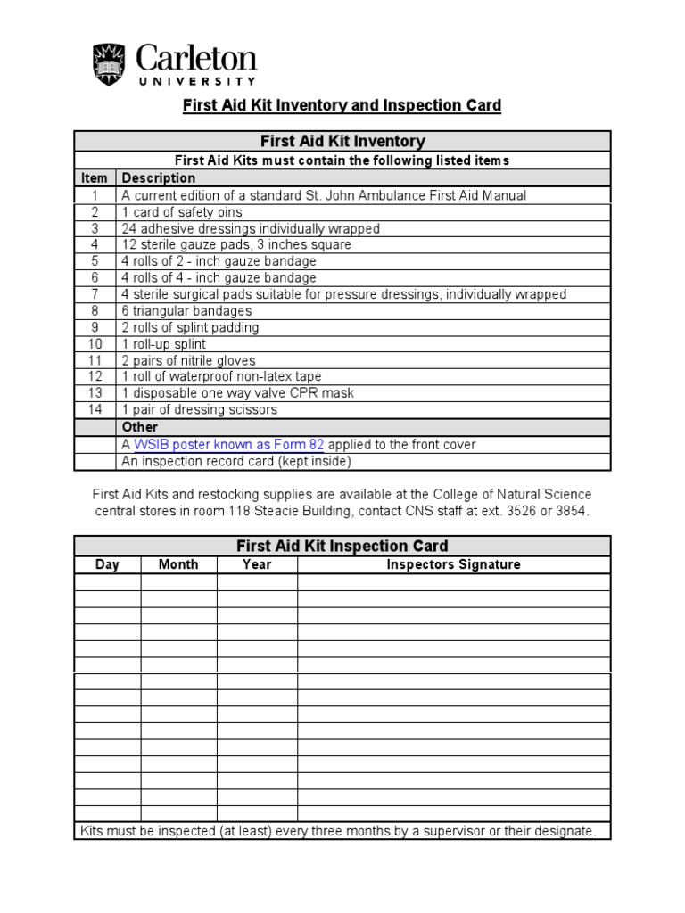 First Aid Kit Inventory and Inspection Card First Aid Kit Inventory | PDF
