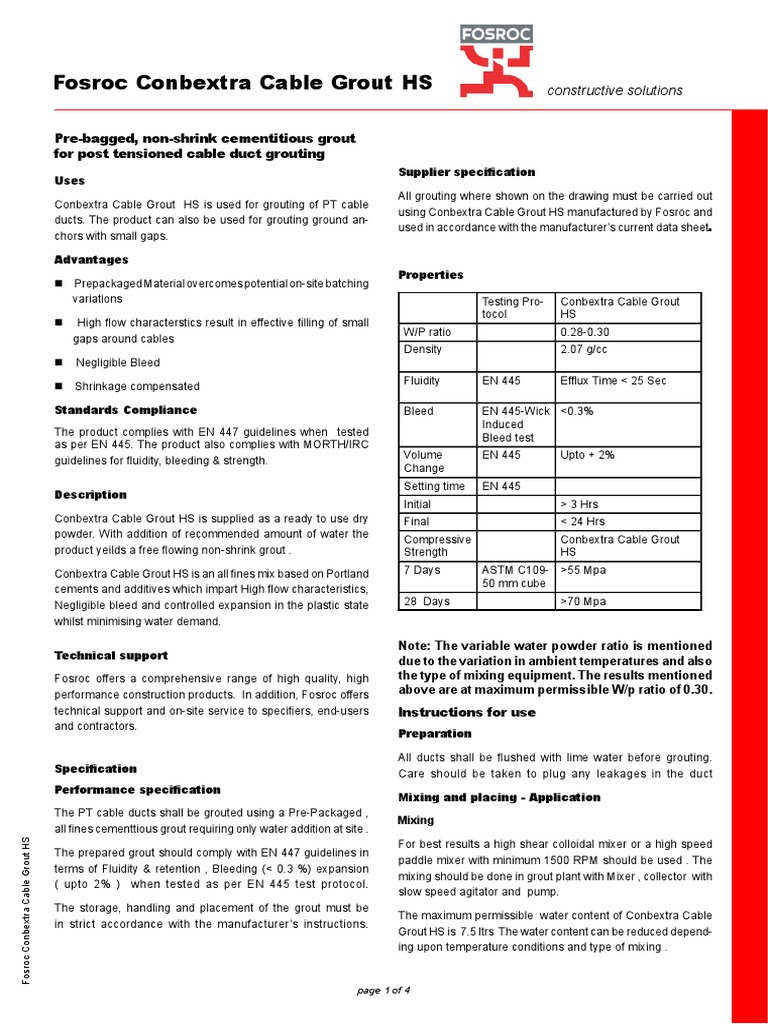 TDS Fosroc Conbextra Cable Grout HS India3 | PDF | Concrete | Water