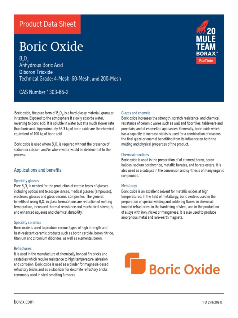 Boric Oxide: Product Data Sheet | PDF | Refractory | Glasses