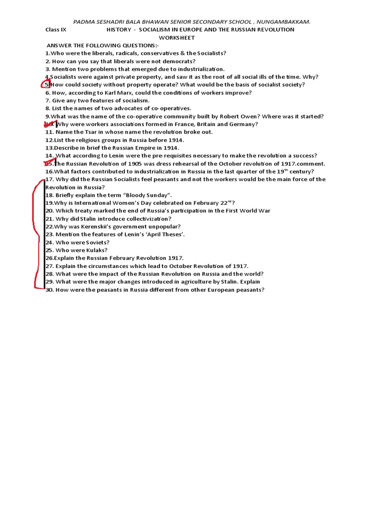 PSBB Nungambakkam Class IX History worksheet on Socialism in Europe and ...